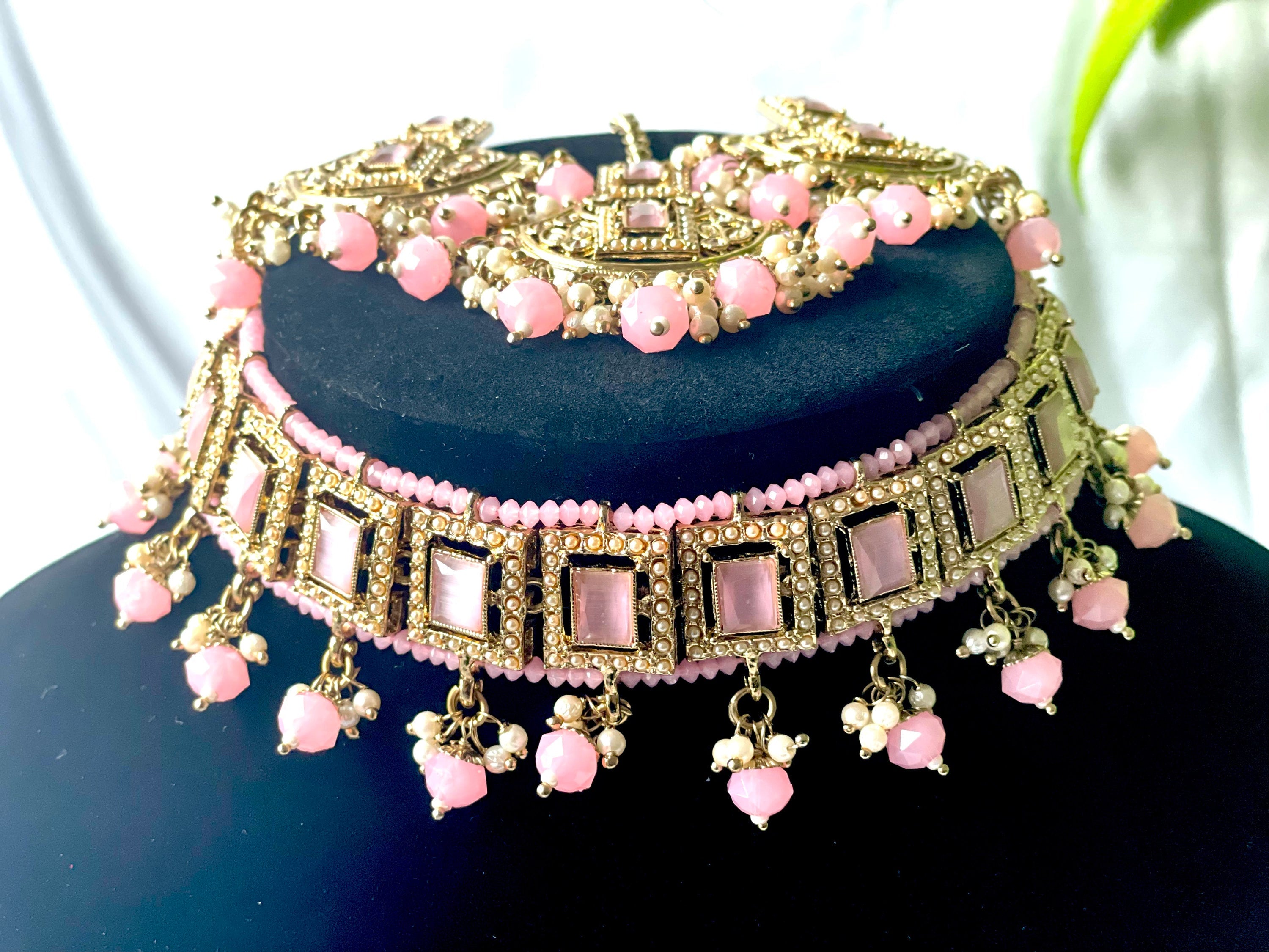 Pink choker set with tikka – www.thejewelblitz.com